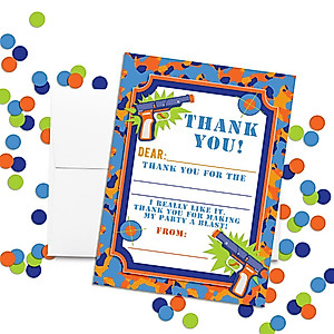 Dart Gun Themed Thank You Notes for Kids, Ten 4" x 5.5" Fill In The Blank Cards with 10 White Envelopes to match Invitations by AmandaCreation