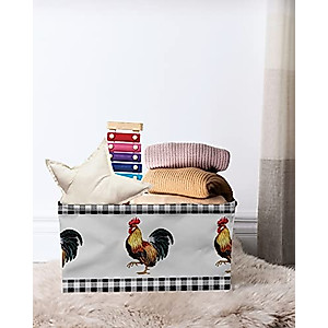 1 PC Large Storage Basket Bins Waterproof Fabric, Black Rooster Rectangular Storage Box for Shelf Closet Organizer Farm Buffalo Plaid White Check