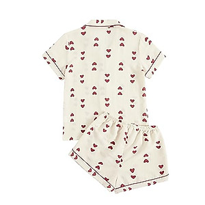 Verdusa Women's Two Piece Heart Print Button Down Collar Shirts and Shorts PJ Sets Beige M