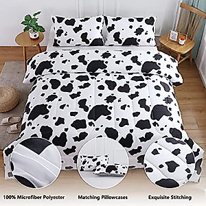PERFEMET Cow Print Bedding Comforter Set Cartoon Milk Cow Print Bedding Set Reversible Plaid Grid Bed Sets for Kids Teens Boys Girls (Twin/Twin XL Size, Black and White)