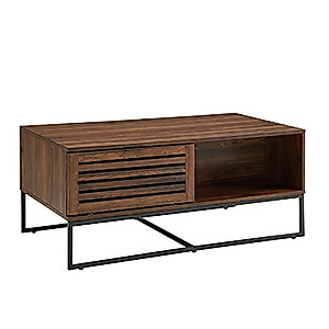 Walker Edison Modern Slatted Wood Rectangle Coffee Table with Drawer Living Room Ottoman Storage Shelf, 42 Inch, Dark Walnut