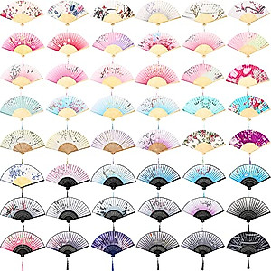 Roowest 48 Pieces Handheld Floral Folding Fan Folding Hand Fans for Women Foldable Vintage Chinese Fan Decorative Fabric Folded Fan with Tassel and Bamboo Rib for Wedding Dancing Party