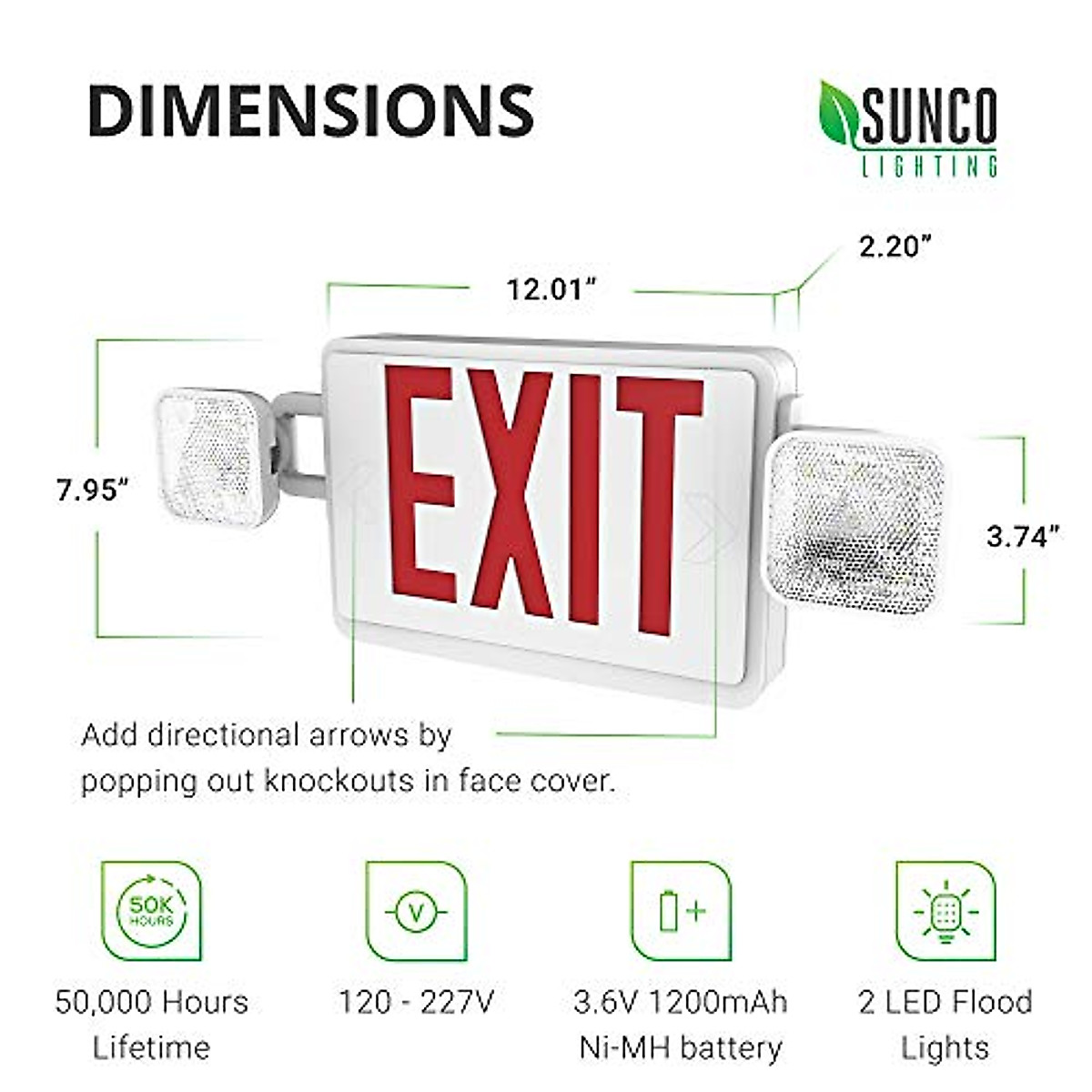 Sunco Lighted Exit Signs for Business with Battery Backup, Emergency LED Exit Light Combo, 120-277V Double Sided with Two LED Flood Lights, Fire Resistant UL 94V-0, Commercial Grade 6 Pack