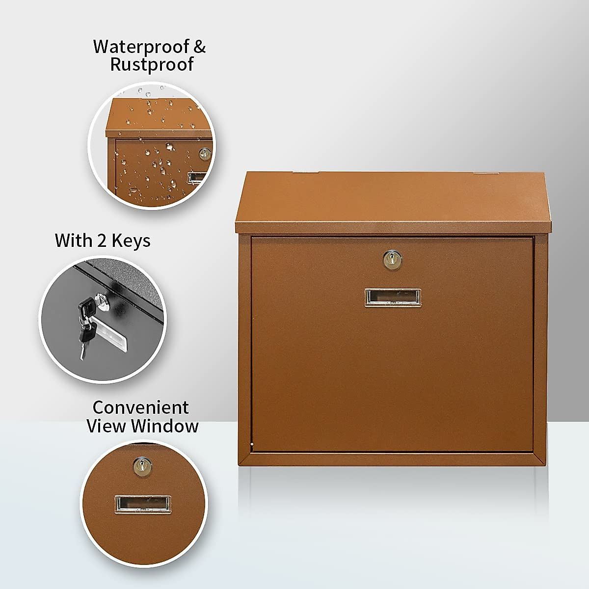 Yoocabinet Mailbox Wall Mount,Large Capacity Locking Mailbox for Outside,Galvanized Steel Cover and Rust-Proof Metal Post Box L Brown