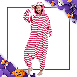 RESSBER Unisex Adult Onesie Pajamas Animal One Piece Halloween Costume Christmas Sleepwear Jumpsuit（Large，Pink Cheshire Cat）