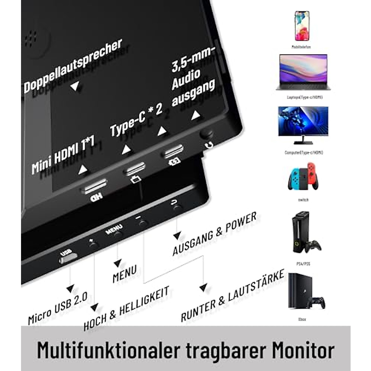 ADPOP Portable Monitor, 15.6'' IPS FHD 1080P with USB-C & HDMI for Gaming Office and Travel,Ultra-Slim HDR Display, Premium Smart Cover & Speakers,for Laptop/PC/Mac/Phone/Xbox/PS5/PS4/Switch