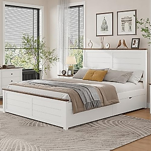 LUXOAK Farmhouse Full Size Bed Frame with Headboard and 4 Storage Drawers, Wooden Barn Door Platform Bed with Wood Slats, Heavy Duty Mattress Foundation, Non-Slip & Noise-Free, Antique White
