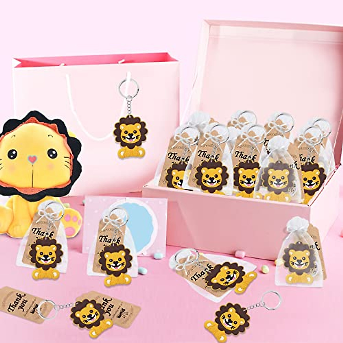 CiciBear 60 Pack Lion Party Decorations for Guests, 20 Lion Keychains, 20 Tags and 20 Gift Bags for Jungle Safari Wild Woodland Baby Shower, Kids Birthday Party Favor