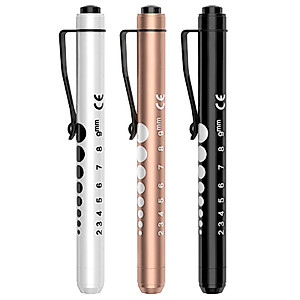 RISEMART 3packs Pen Lights for Nurses, Reusable Medical Pen Light with Pupil Gauge and Ruler, White Light LED Penlight for Nurse Student Doctors EMT(Black/Gold/White)