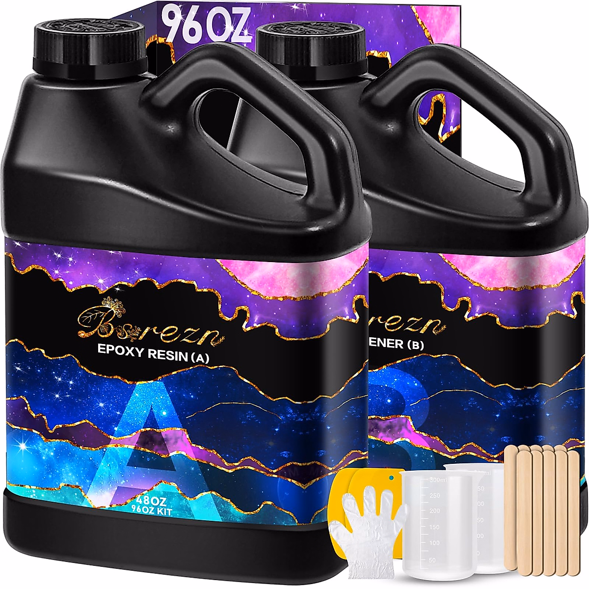 Bsrezn 96OZ Epoxy Resin Kit, Upgraded Crystal Clear Hard Casting Resin and Hardener Apoxy Resina Epoxica Transparente 2 Part Resin Art Supplies for Jewelry Making Mold Table top Craft 1:1