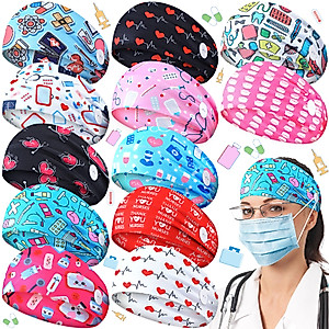 Jexine 12 Pcs Nurse Headbands for Women Non Slip Nursing Headbands with Buttons for Mask Nurse Accessories for Work Elastic Ear Protection Headband Hair Bands for Nurse Gift Spa Yoga Sports(Stylish)