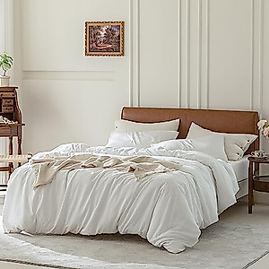 FOSSA Duvet Cover Set 100% Washed Cotton 3 Pieces Bedding Set Twill Soft Cozy Breathable Sturdy Substantial with Textured Weave Solid White Queen