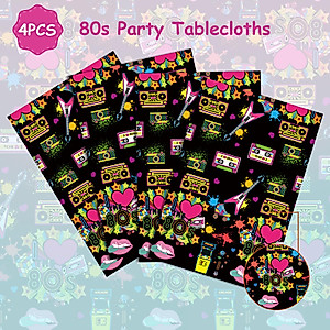 FunHot 80s Tablecloths, 4 Pcs 54 x 108 Inch Waterproof Black Print Rectangular Table Covers for 80s Nostalgia Party Decorations