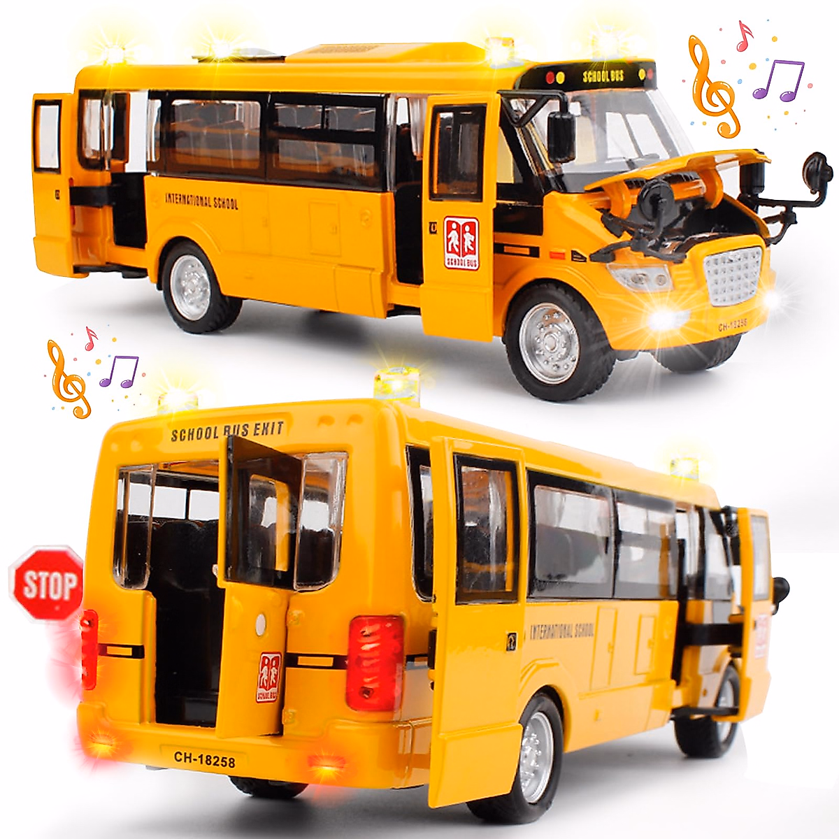 CORPER TOYS School Bus Toy Die Cast Vehicles Yellow Large Alloy Pull Back 9'' Play Bus with Sounds and Lights for Kids