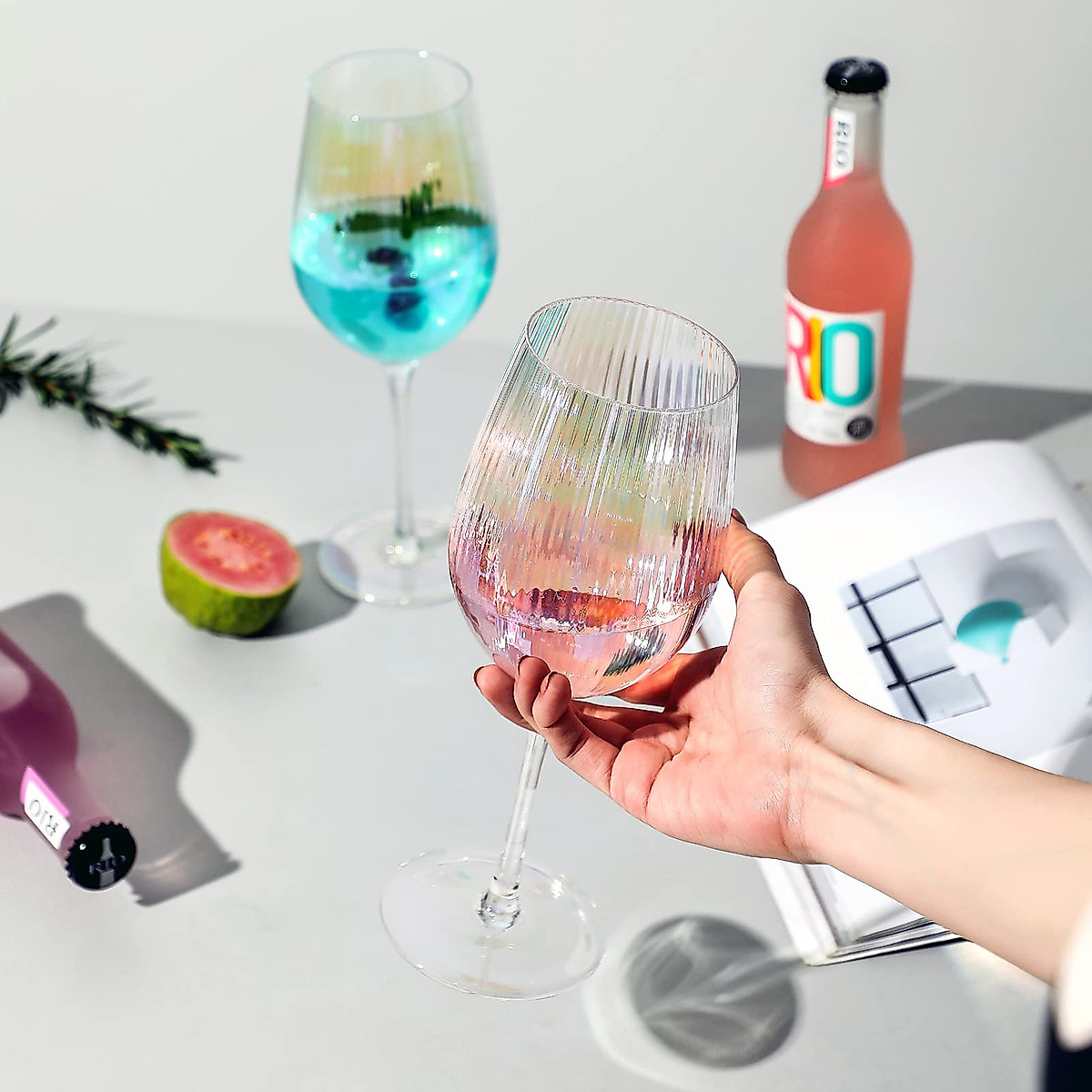 G Iridescent Wine Glass set of 2, 19 oz Pretty Cute Cool Rainbow Colorful Halloween Glassware Stemmed Holographic Shimmering Pearl Tinted Luster Red White Burgundy Southern Mixology Bar Glasses