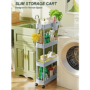 LEHOM 5.1" Slim Storage Cart - 4 Tiers Bathroom Organizer Mobile Shelving Unit Storage Rolling Utility Cart Slide Out Organizer for Kitchen Bathroom Laundry Narrow Places, Grey