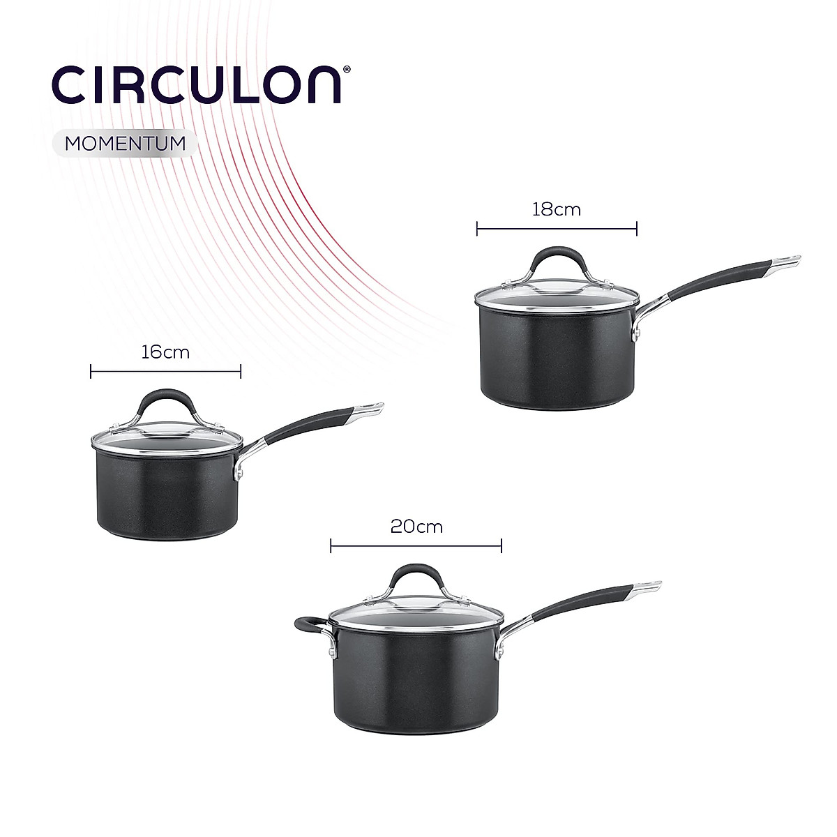 Circulon Non Stick Saucepan Set of 3 – Saucepans for Induction Hobs 16, 18 & 20cm with Toughened Glass Lids & Soft Grip Handles, Dishwasher Safe Pan Set, Black
