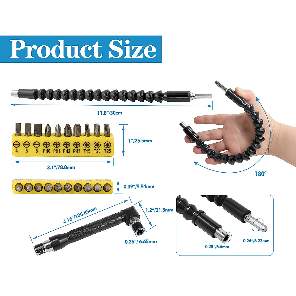 Jamiikury 90 Degree Right Angle Driver, 11.6 Inch Bendable & Flexible Screwdriver Extension Soft Shaft and 10pcs Screwdriver Bit Set, Power Screwdriver Drill Extension Kits - Pack of 12