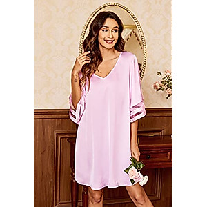 Ekouaer Satin Nightgown for Women 3/4 Sleeve Silk Sleep Shirt V Neck Knee Length Sleep Dress Pink Medium