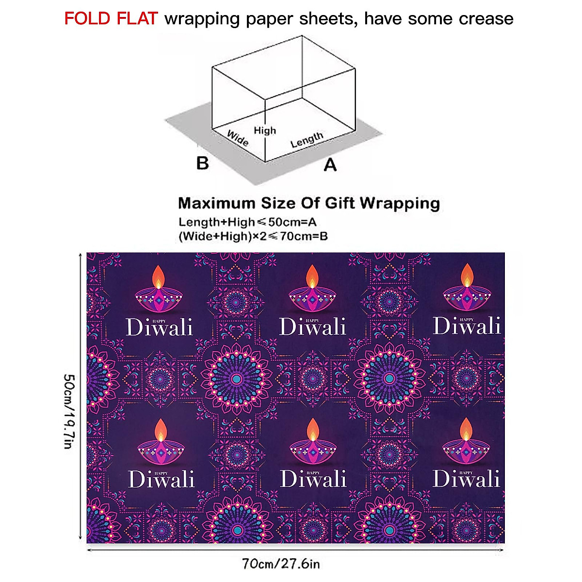 RUSPEPA Wrapping Paper Sheet - Oil Lamp Pattern Great for Diwali, Holiday and Party - 12 Folded Sheets - 19.68 X 27.5 Inch per sheet
