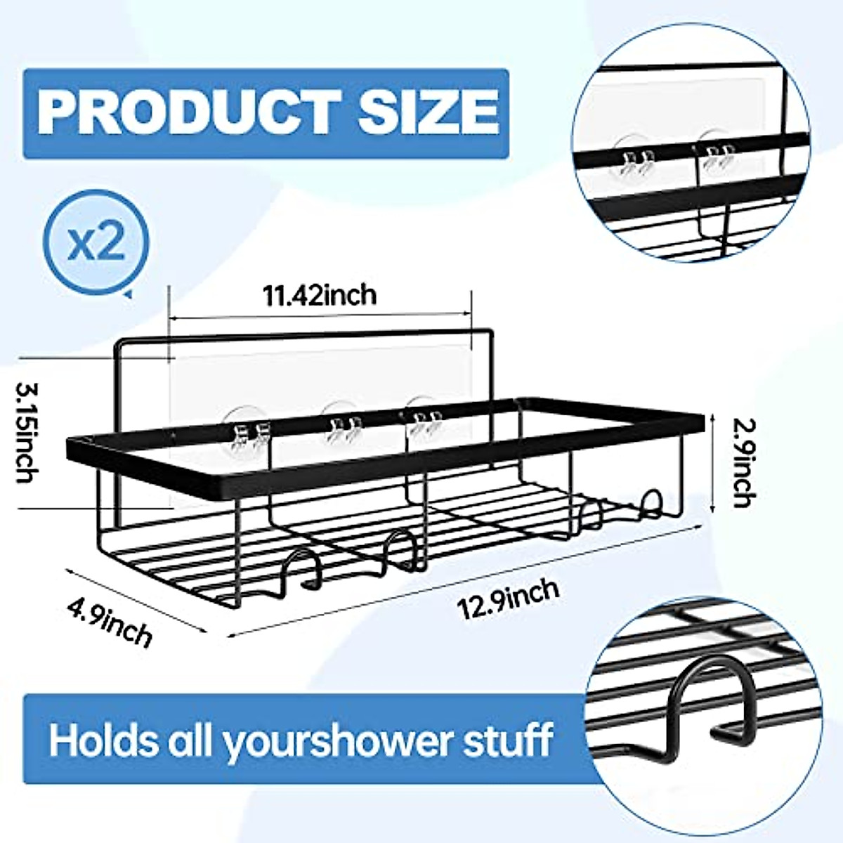 2 Pack Shower Caddy Shelf Organizer,Adhesive Shower Caddy,Rustproof Shower Shelves,Wall Mounted Shower Rack,Stainless Steel Bathroom Shower Organizer for Inside Shower Storage,No Drilling,Black
