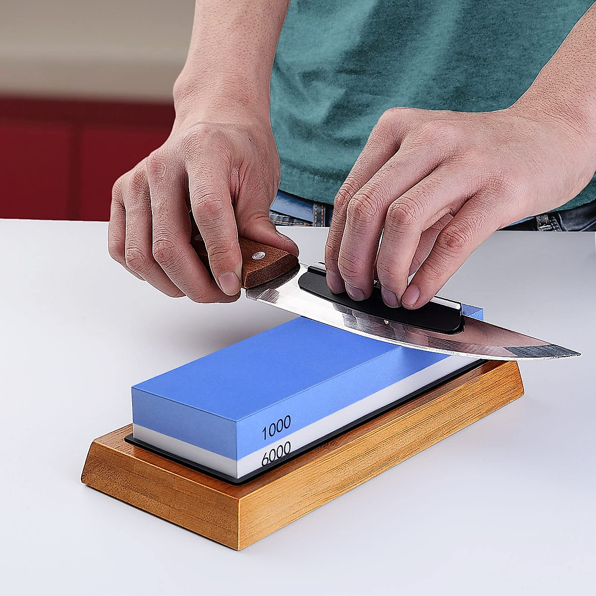 Whetstone Sharpening Stone Knife Sharpener, 2 Side 1000/6000 Grit Knife Sharpening Wet Stone Tool Kit for Kitchen Hunting, Non-Slip Bamboo Base Angle Guide Sharpening Stones for Knives