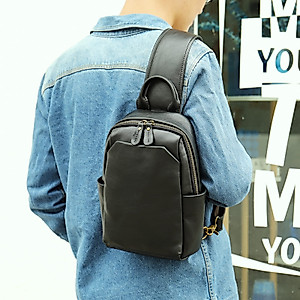 NIUCUNZH Soft Genuine Leather Crossbody Sling Bag Lightweight One Shoulder Small Backpack with Wide Comfortable Leather Strap Black