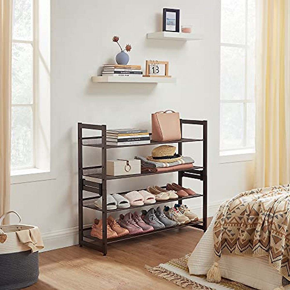 SONGMICS Shoe Rack, 2-Tier Stackable Shoe Storage Shelf, Flat or Angled Shoe Organizer, Metal Shoe Tower Stand for Closet Entryway, Bronze