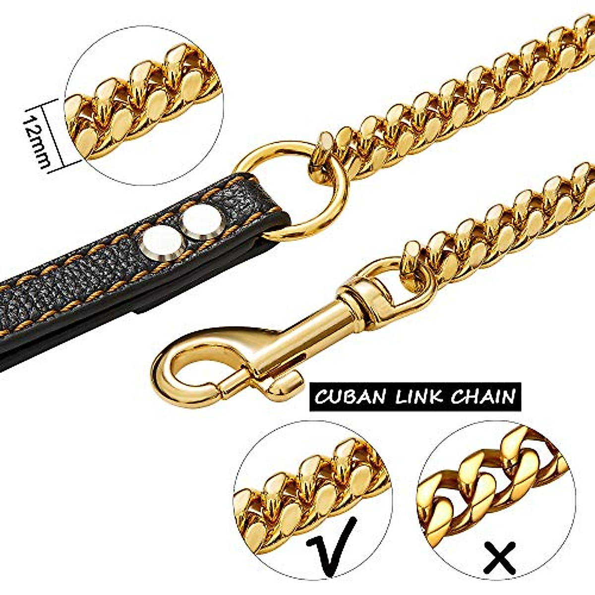 PRADOG Chain Dog Leash Metal Chew Proof 12MM Pet Leash Chain with Leather Padded Handle for Large Medium Small Dogs(Total Length of 3ft)