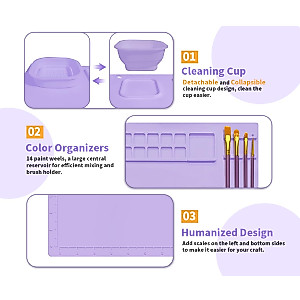 TobNeo Silicone Painting Mat with Detachable Cleaning Cup, 20"x16" Silicone Art Mat Non-Stick Silicone Craft Mat with 10 Brushes, Sponge, Drawstring Bag for Paint, Art, Clay, DIY(Purple)