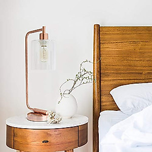 Simple Designs LD1036-RGD Bronson Antique Style Industrial Iron Lantern Desk Bedside Glass Shade Table Lamp, Rose Gold