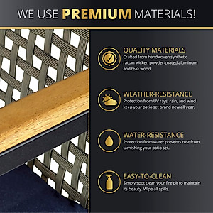 Kinger Home Keaton 4-Piece Outdoor Rattan Furniture Set with Teakwood Accents, Sofa, 2 Armchairs, Glass Coffee Table