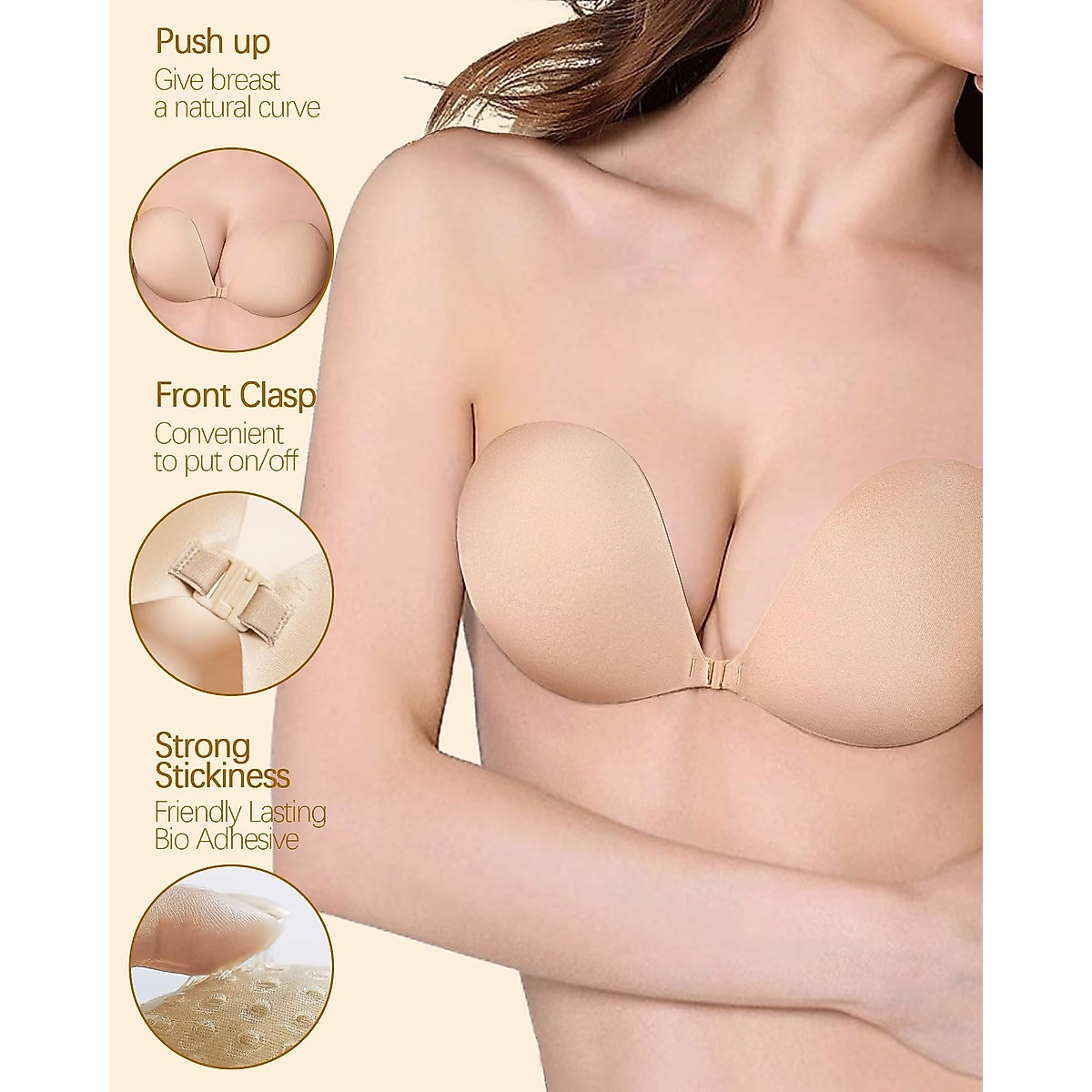 digitharbor StickyAdhesive Bra Strapless Invisible Push up Silicone Bra for Backless Dress with Nipple Covers-3 Nude