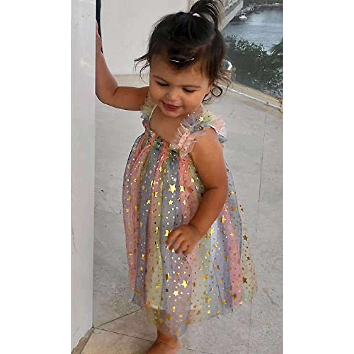 Toddler Baby Girl Sequins Dress Sleeveless Rainbow Stars Print Mesh Tulle Dress Summer Layered Princess Cake Dress (Colorful Cake Dress, 4-5T)