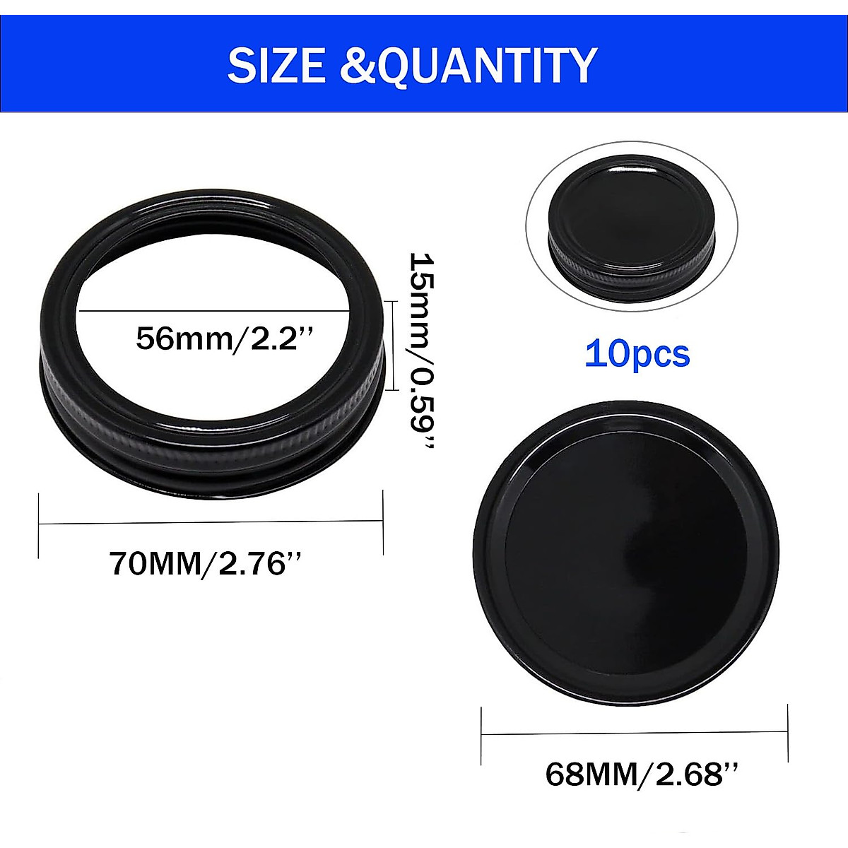 Canning Lids and Rings, 2 3/4 Inches Reusable Mason Jar Lids Regular Mouth Compatible with Ball or Kerr Jars Set of 10 (10 Lids+10 Rings,Black)