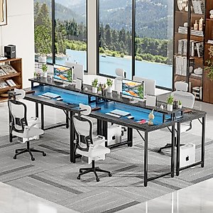iSunirm 47 inch Computer Desk with Power Outlets, Gaming desk with LED Lights, Home Office Work Desk with Monitor Shelf, Modern Office Desk Study Writing Table for Small Spaces, Black Oak