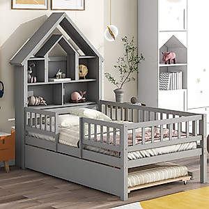 Twin House Bed with Bookcase Headboard and Trundle, Montessori Bed Twin Platform Bed with Storage and Fence Guardrails, Solid Wood Playhouse Bed Frame for Kids Teens Girls Boys (Twin Size, Gray)