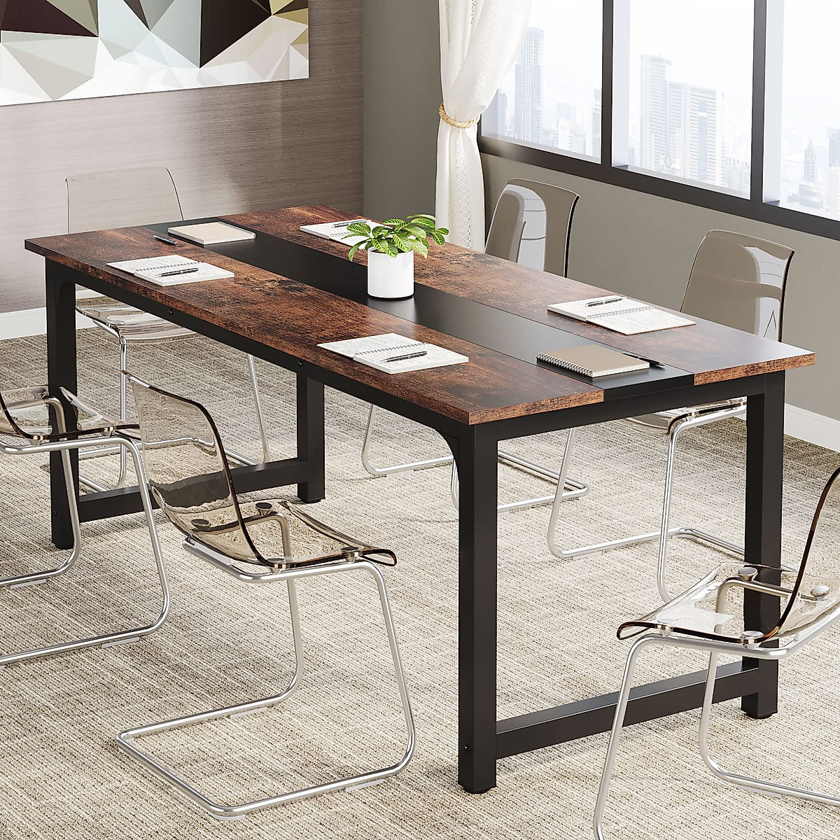 Tribesigns Conference Table, 6FT Meeting Seminar Table Rectangular Meeting Room Table, 70.8L x 31.5W x 29.5H, Brown/Black