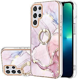 Monwutong Slim Fit Phone Case for Samsung Galaxy S23 Ultra, IMD Marble Pattern Shiny Ring Kickstand Case for Girls,with Camera and Screen Protection Cover for Galaxy S23 Ultra,ZHDD Rose Gold
