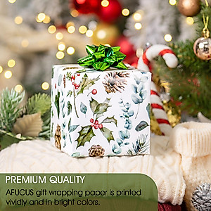 Afucus Christmas Wrapping Paper, Mini Rolls, Christmas Pine Cones, Holly Leaves, Red Berries, Merry Christmas Gift Wrapping Paper Rolls for Christmas, Party, Birthday, Holidays (17 Inch X 33 Feet)
