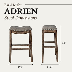 Maven Lane Adrien 31 Inch Bar Height Upholstered Backless Saddle Barstool in Dark Walnut Finish with Ash Grey Fabric Cushion Seat, Set of 2