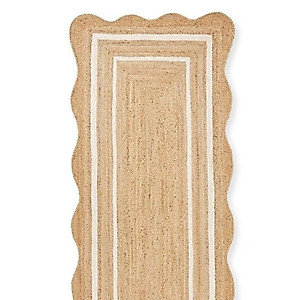 CRAFTED CREATION Scalloped Natural Runner Rug, Bohemian Scallop Rug, Natural Jute Rug,Scalloped Natural Jute Rug Boho Jute Rug Entryway Runner Rug Farmhouse, Off White (2'x6')