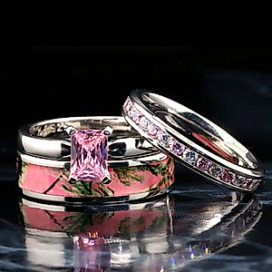 3 pieces Pink Women`s Stanless Steel Camo and Sterling Silver Tourmaline Engagement Wedding Rings Set (8)