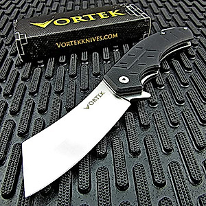 VORTEK Pocket Cleaver Knife: Ball Bearing Pivot, 8Cr13MoV Razor Sharp Cleaver Blade, Ultra Smooth Opening, Non-Slip G10 Handles, Heavy Duty Construction Built Tough