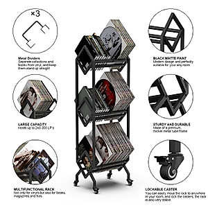 Simoretus 3 Tier Vinyl Record Storage Rack, Mobile Black Metal LP Storage Display Stand with Casters, Large Capacity Record Holder for Albums, Books, Magazines, and Office Files