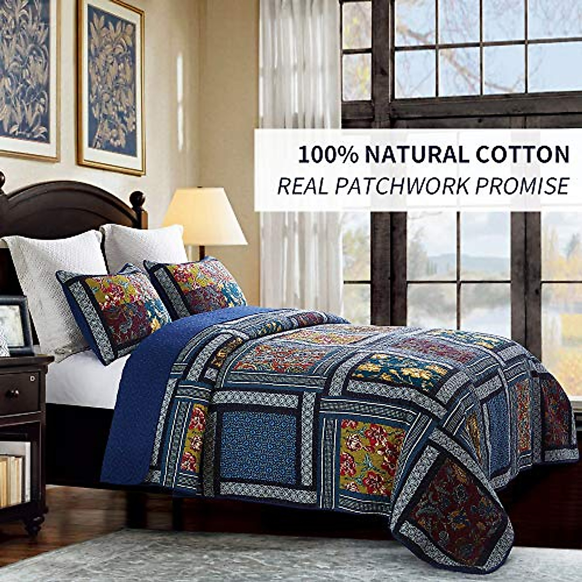 DECMAY Quilts Queen Size Sets - 100% Cotton Queen Bedspreads, Handmade Real Patchwork Quilts for All Season, Lightweight Country Quilt Sets with 2 Pillowcase
