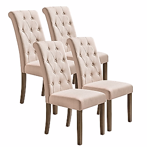 DEINPPA Aristocratic Style Dining Chair Set with Solid Wood and Linen Tufted for Dining Room. (Beige, Set of 4)