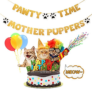 Pre-Strung Let's Pawty Dog Birthday Party Supplies, Pawty Time Mother Puppers,Funny Gold Glitter Puppy Dog Birthday Banner For Party Decorations Girl Boy, Cute Puppy Pets Paw Pennant Sign Deco