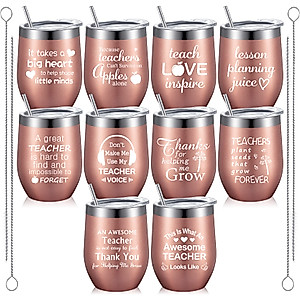 Geiserailie 10 Pcs Teacher Appreciation Gift Teacher Wine Tumbler in Bulk for Women Thank You Wine Cup with Straws Lids and Brushes Valentines Day Gift for Teacher Thank You Gift (Rose Gold, 12oz)