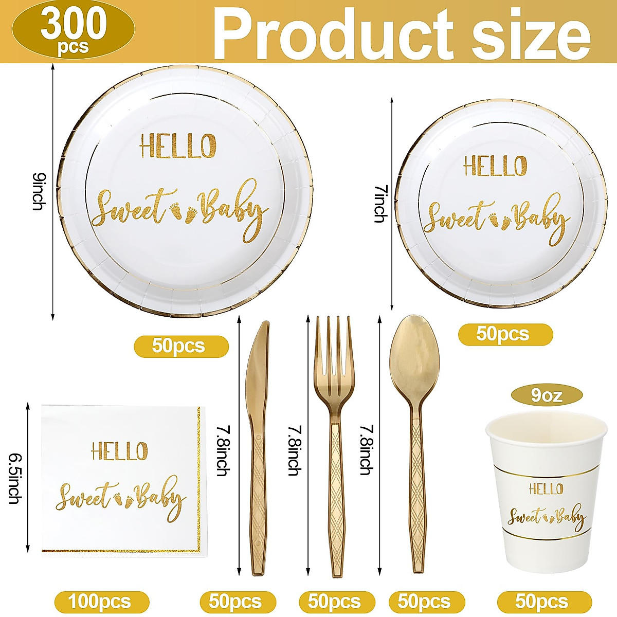 Yungyan 400 Pcs Baby Shower Dinnerware for 50 Guest Baby Shower Paper Plate Napkin Set Baby Shower Plate Napkins Cup Footprint Disposable Knives Fork Spoon Gender Reveal(Gold,Classic)